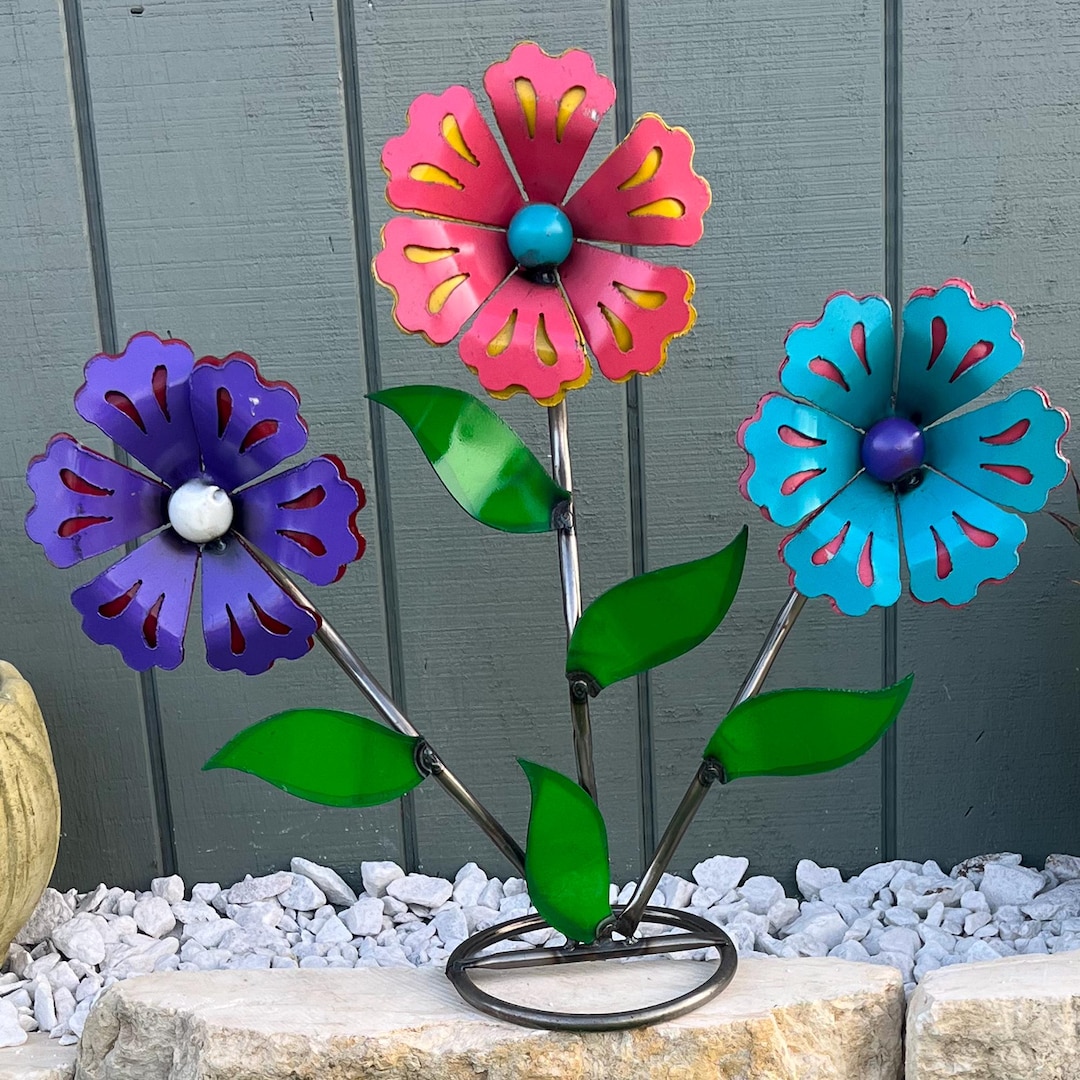 Handmade Metal Flower Garden Decor, Colorful Outdoor Floral Sculpture ...