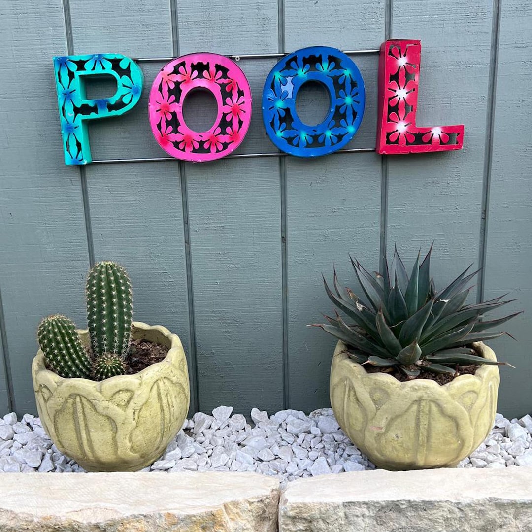 Colorful Metal POOL Sign – Floral Cutout Poolside Wall Art in Turquoise ...