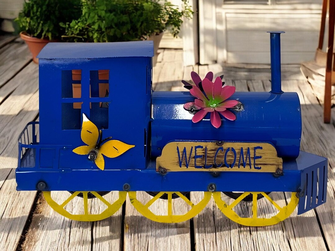 Blue Metal Train Welcome Sign: Rustic Garden Planter Decor - Etsy
