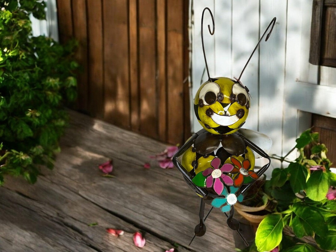 Metal Bee Sculpture With Flower Bouquet - Etsy