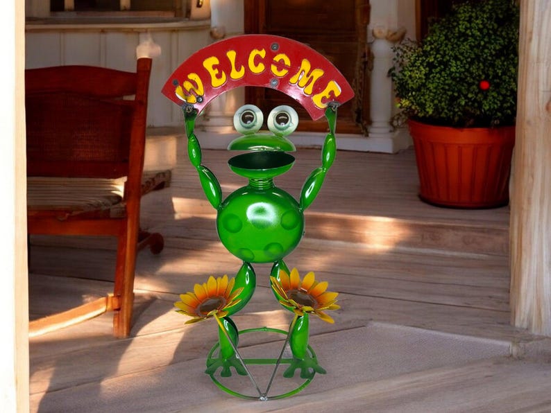 Metal Frog With Welcome Sign Garden Sculpture - Etsy