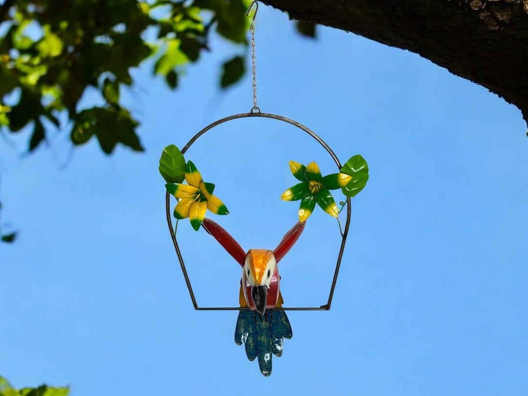 Vibrant Metal Parrot Garden Decor | Tropical Hanging Bird With Flowers ...