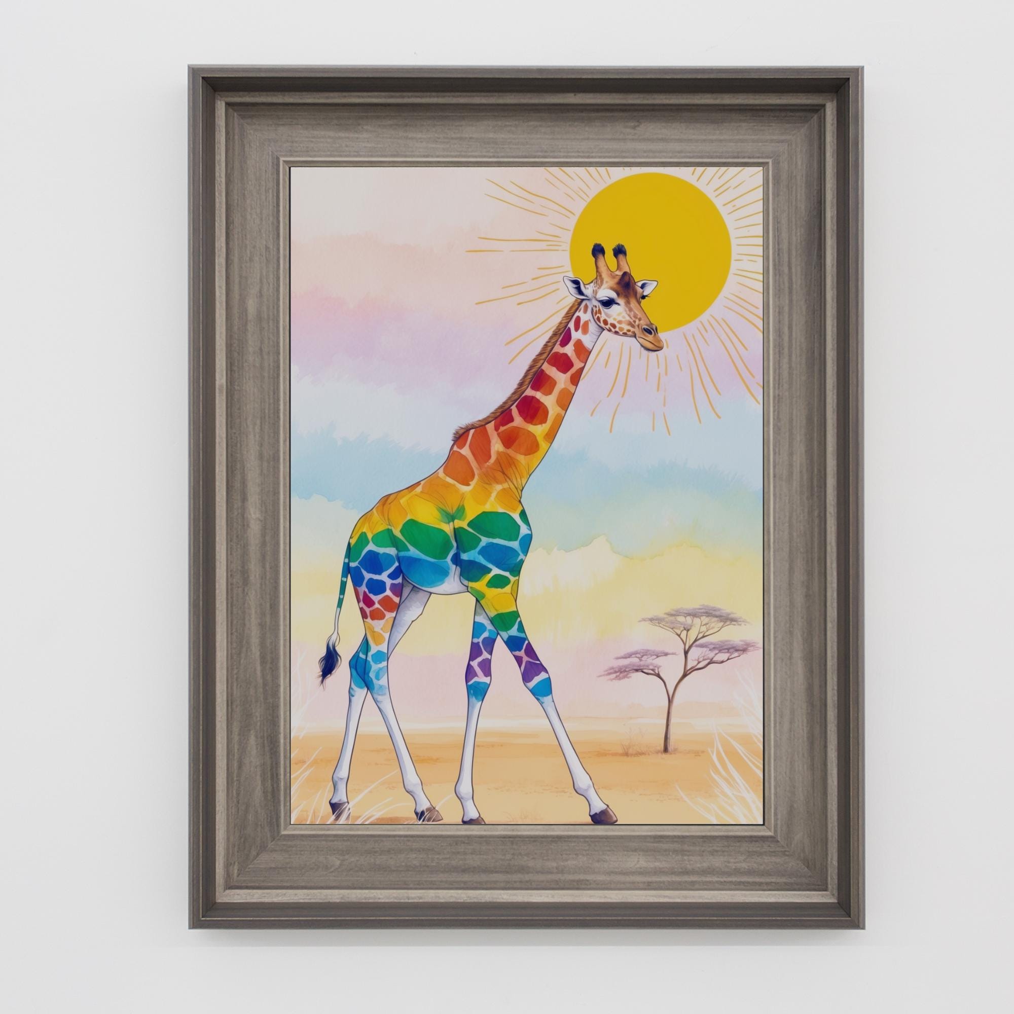 Fun Rainbow Giraffe Digital Art Print, Wall Print, AI Generated, Home ...
