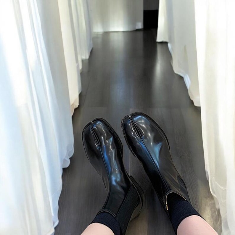 Tabi Leather Martin Black Shiny Matte Split Toe Ankle Flats Platform ...