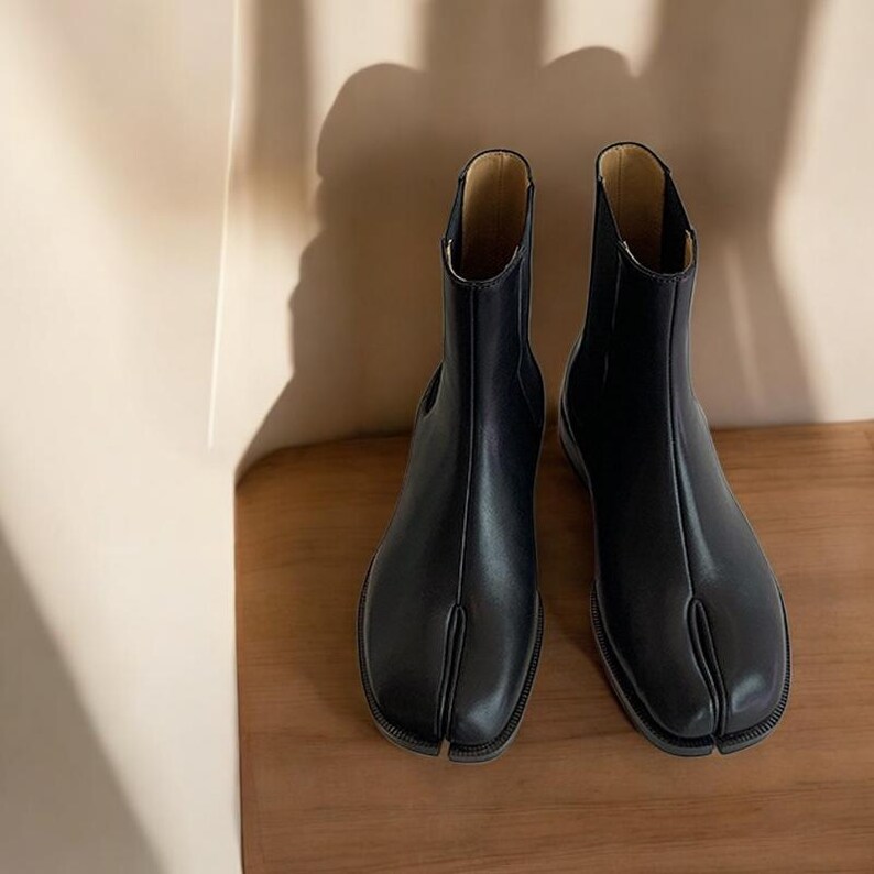 Tabi Leather Martin Black Shiny Matte Split Toe Ankle Flats Platform ...