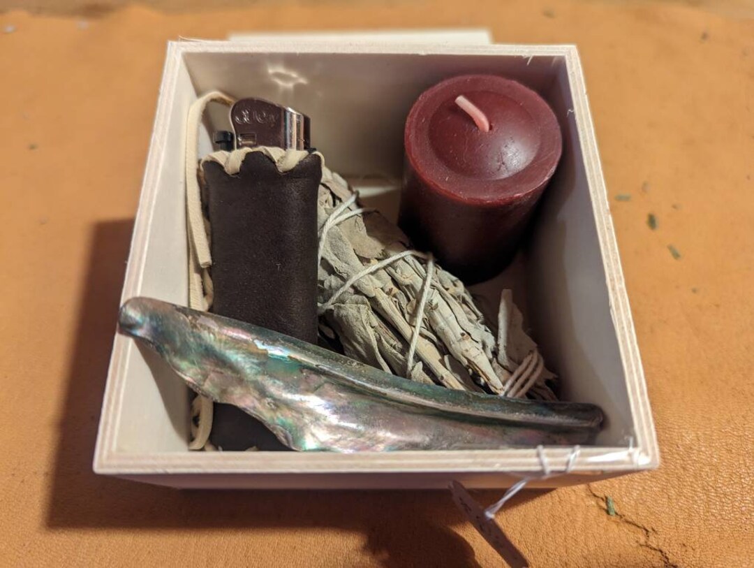 Smudge Box - Deerskin Lighter, White Sage, Candle, Abalone, Wood Box ...