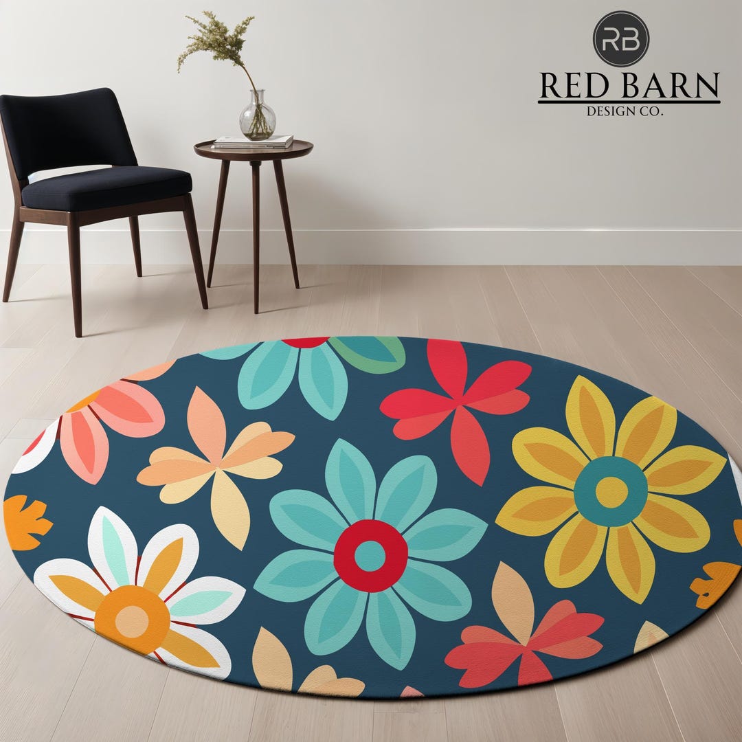 Colorful Floral Rug, Round Area Rug, Modern Floral Floor Mat, Vibrant ...