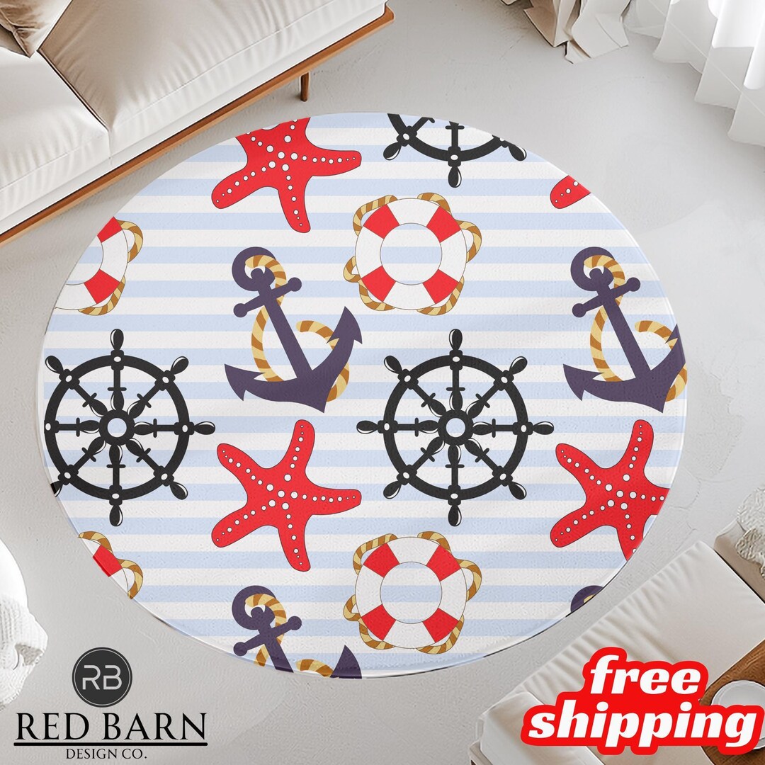 Nautical Anchor Starfish Round Rug Ocean Theme Area Rug for Living Room ...
