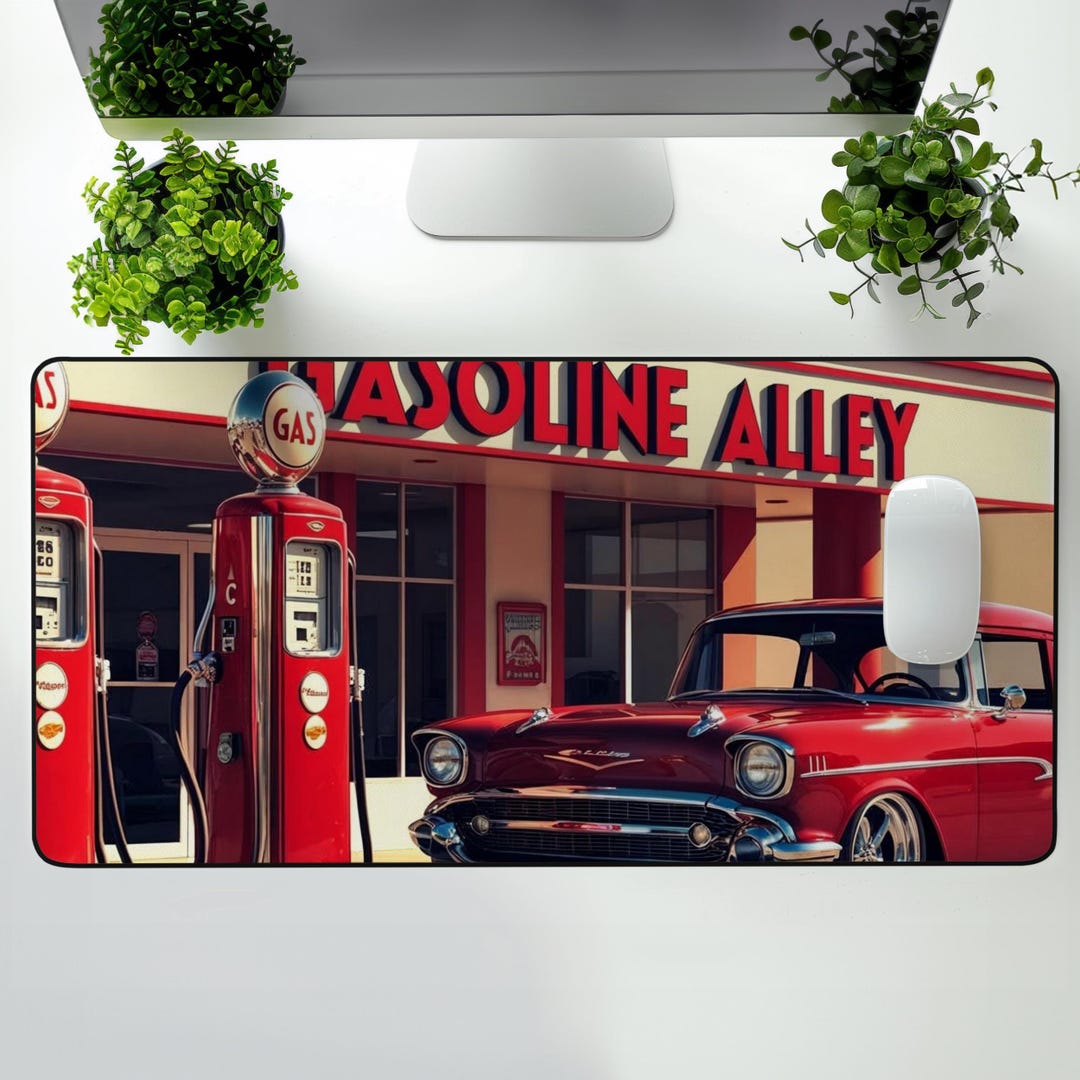 Gasoline Alley Desk Mat, Classic Car Art Desk Mat, Retro Gas Station ...