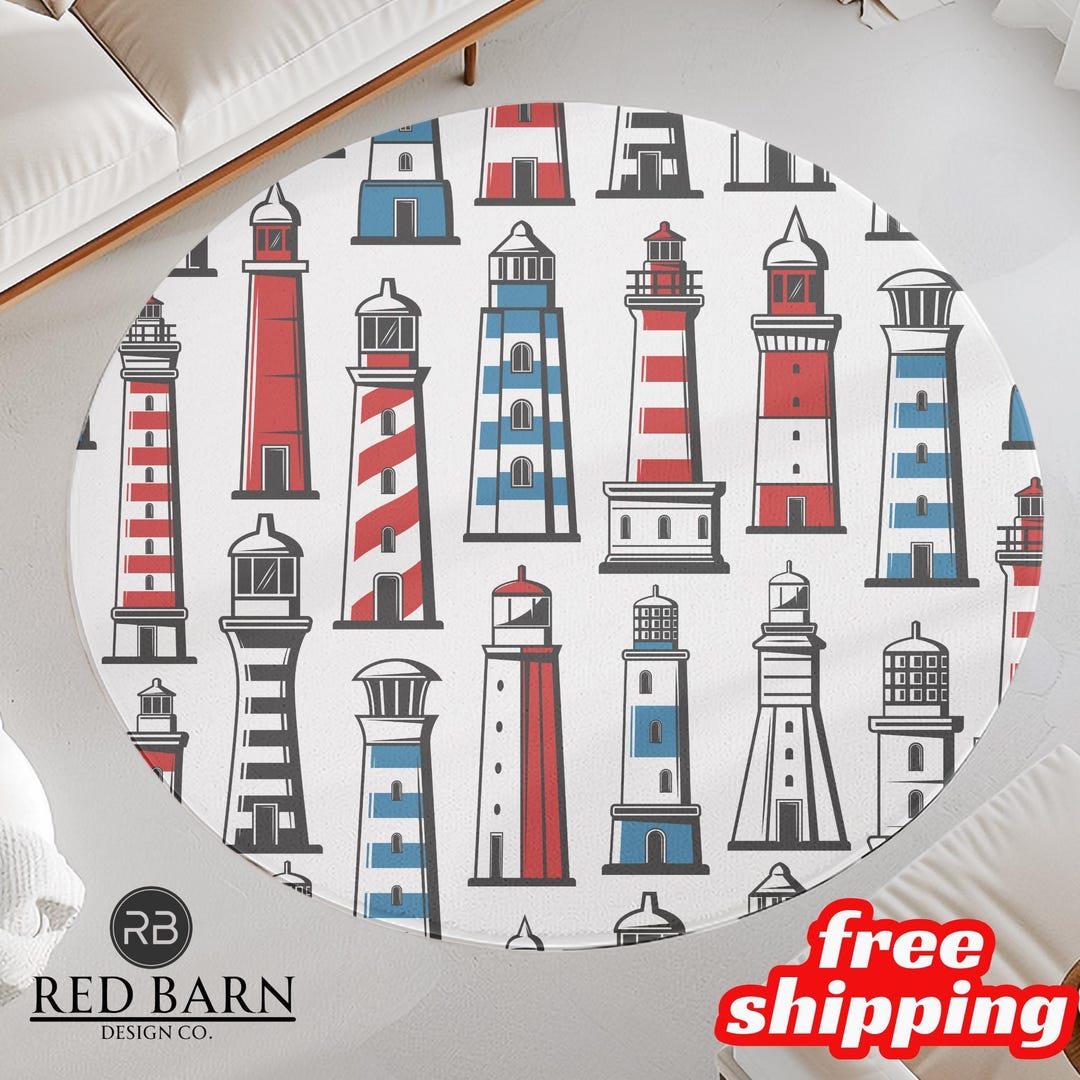 Round Lighthouse Area Rug, Coastal Themed Round Rug, Nautical Decor ...