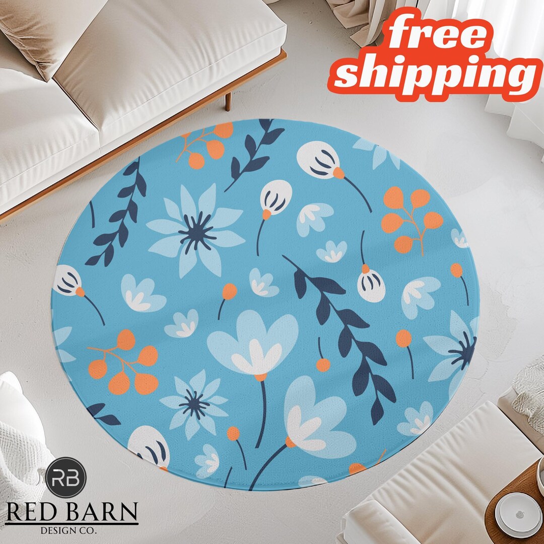 Round Floral Rug, Blue Round Area Rug With White and Orange Flowers ...