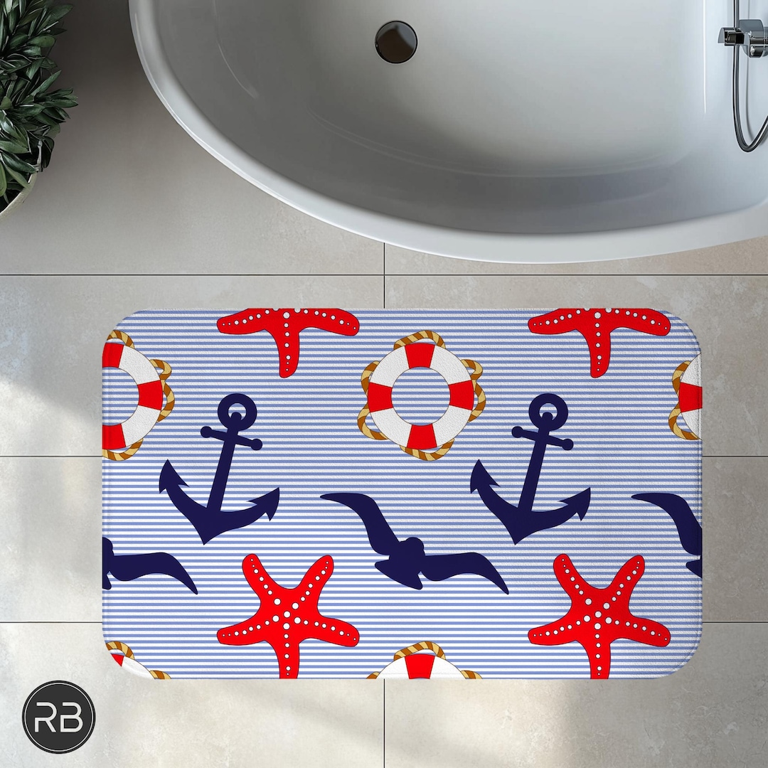 Nautical Bath Mat: Anchor, Starfish, and Lifebuoy Ocean Decor - Etsy