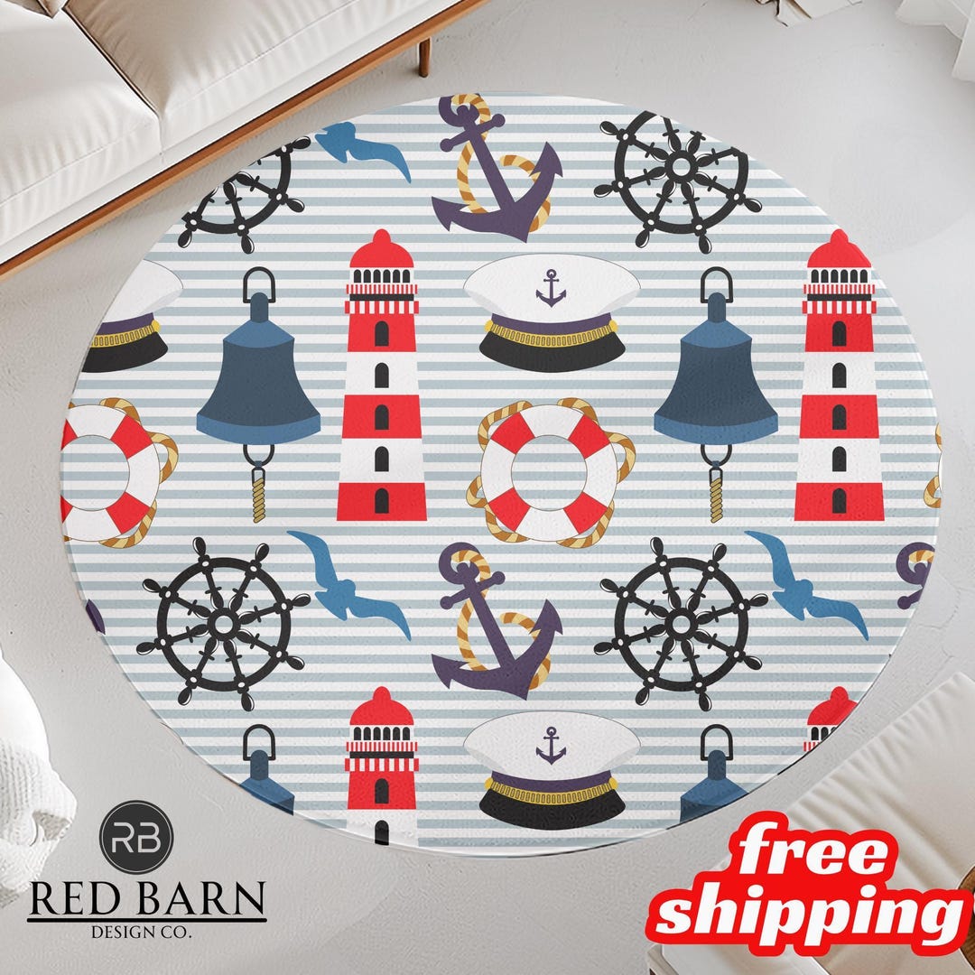 Nautical Round Rug Anchors and Lighthouse Design, Marine Theme Area Rug ...