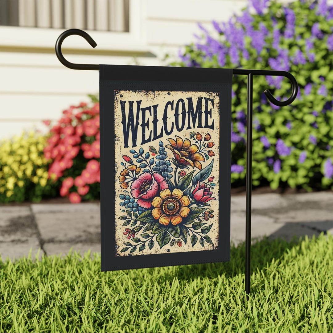 Welcome Floral Flag, Vintage Style Banner, Outdoor Home Decor, Garden ...