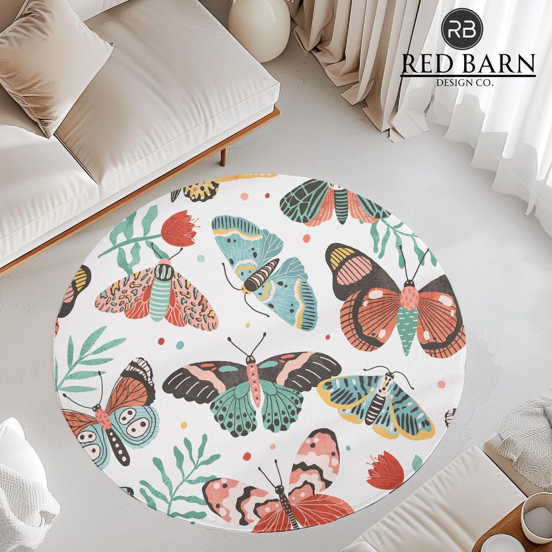 Round Area Rug With Butterfly and Moth Pattern, Colorful Insect Design ...