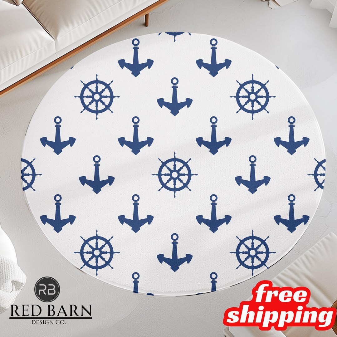 Nautical Themed Round Rug Anchor and Steering Wheel Pattern Ideal for ...