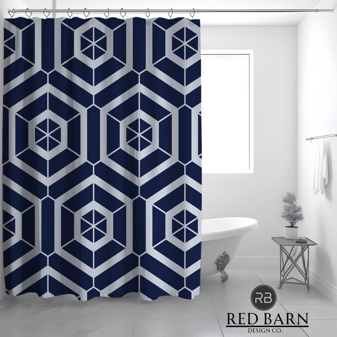 Geometric Pattern Shower Curtain, Modern Bathroom Decor, Navy and White ...