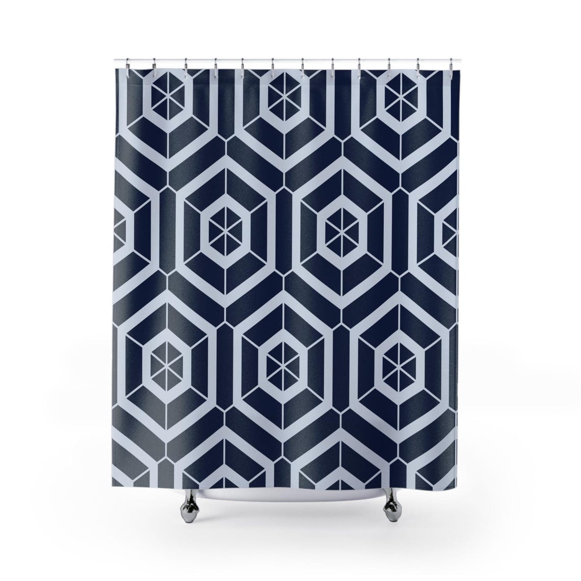 Geometric Pattern Shower Curtain, Modern Bathroom Decor, Navy and White ...