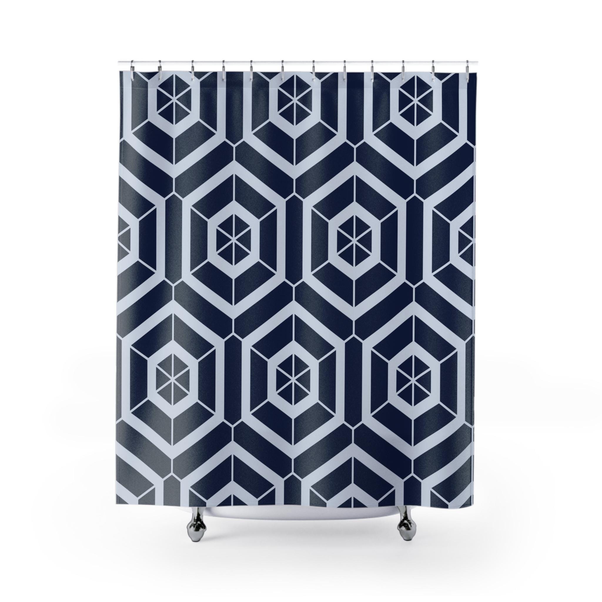 Geometric Pattern Shower Curtain, Modern Bathroom Decor, Navy and White ...