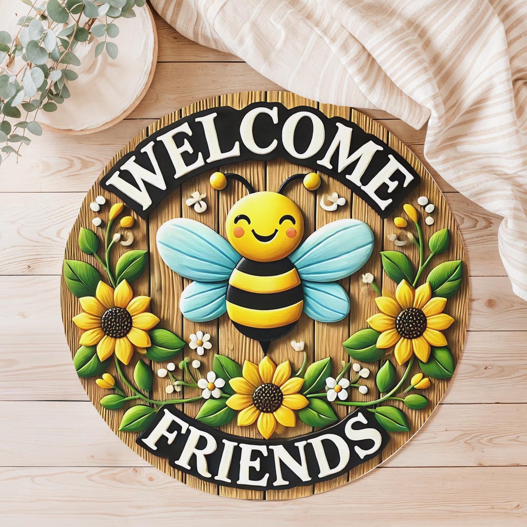 Welcome Friends Bee Rug, Sunflower Rug, 60in X 60in, Cute Bee Design ...