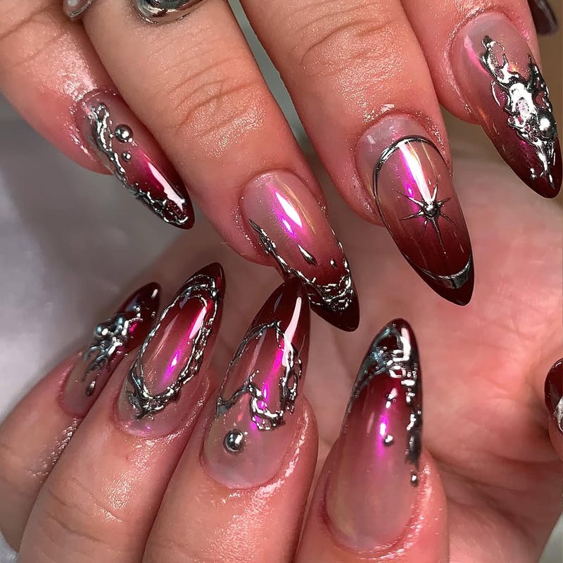 Red Nails With Chrome - Etsy