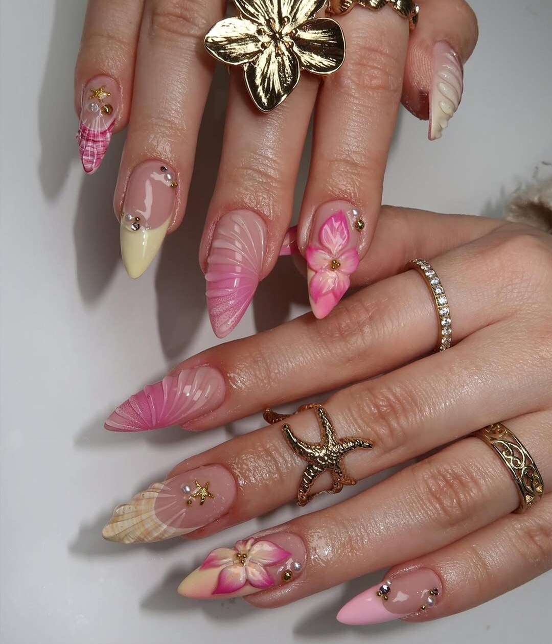 Pink Paradise Beach Nail Art | 3D Floral Seashell Nail Art | Tropical ...