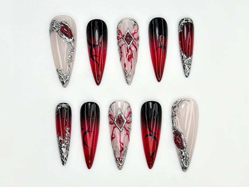 Sylus Inspired Press on Nails | Vampire Romance Claws | Red Vein Gothic ...
