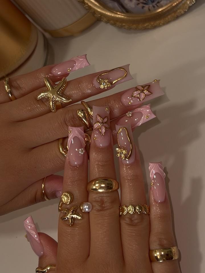 Luxury Pink French Tip Press on Nails | Gold Accent Floral Nail Art ...