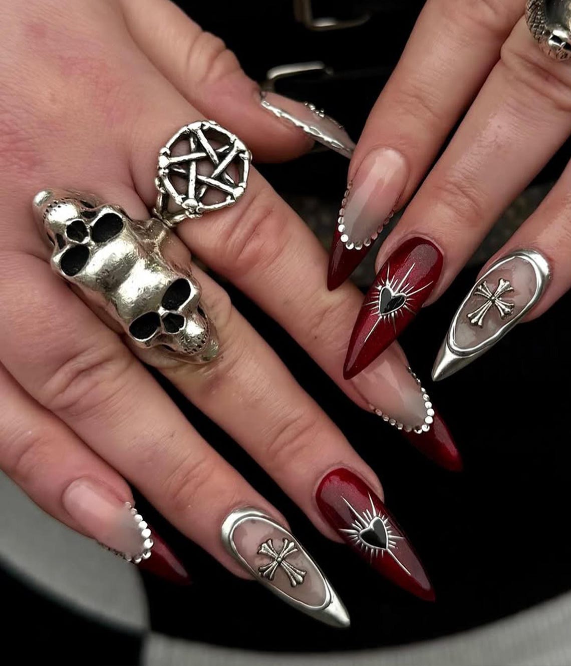 Dark Red Romance Press-on Nails | Silver & Red Alternative Nail Art ...