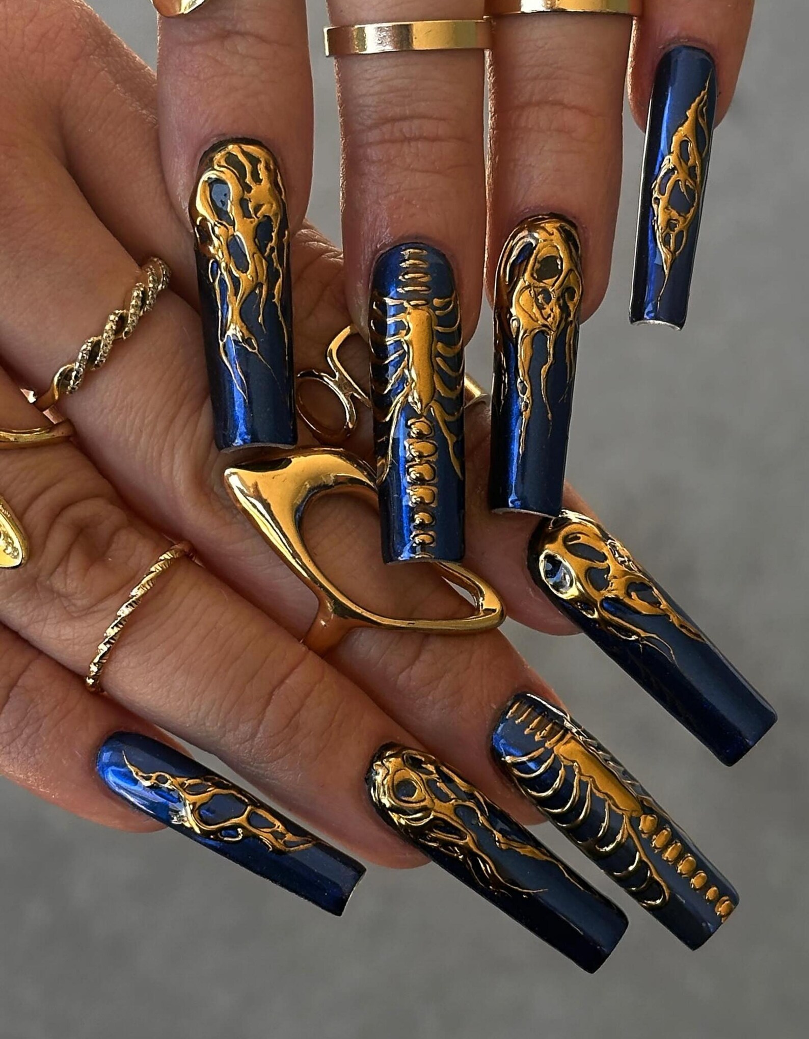 Blue Bones Press on Nails | Gothic Metallic Skeleton Nails | Deep Blue ...