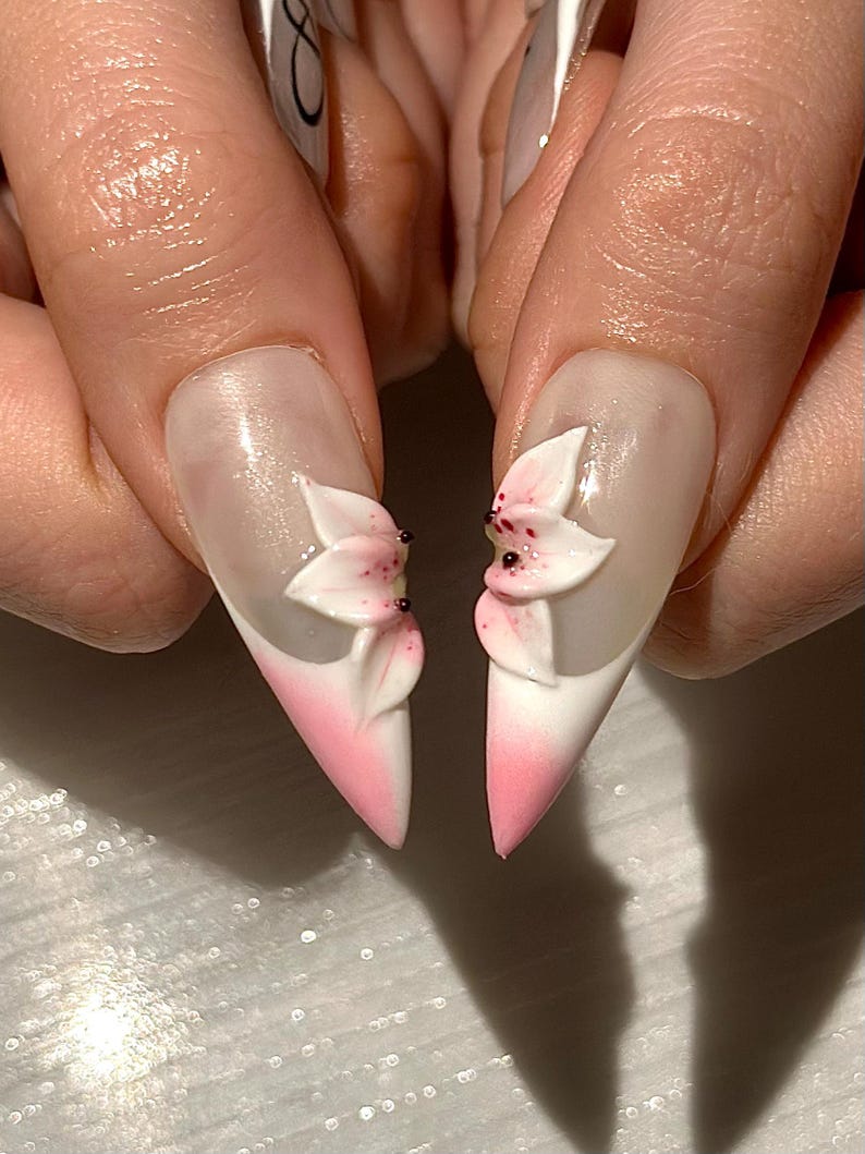 Hand-painted Script Press on Nails, 3D Floral Artisan Press Ons, Long ...
