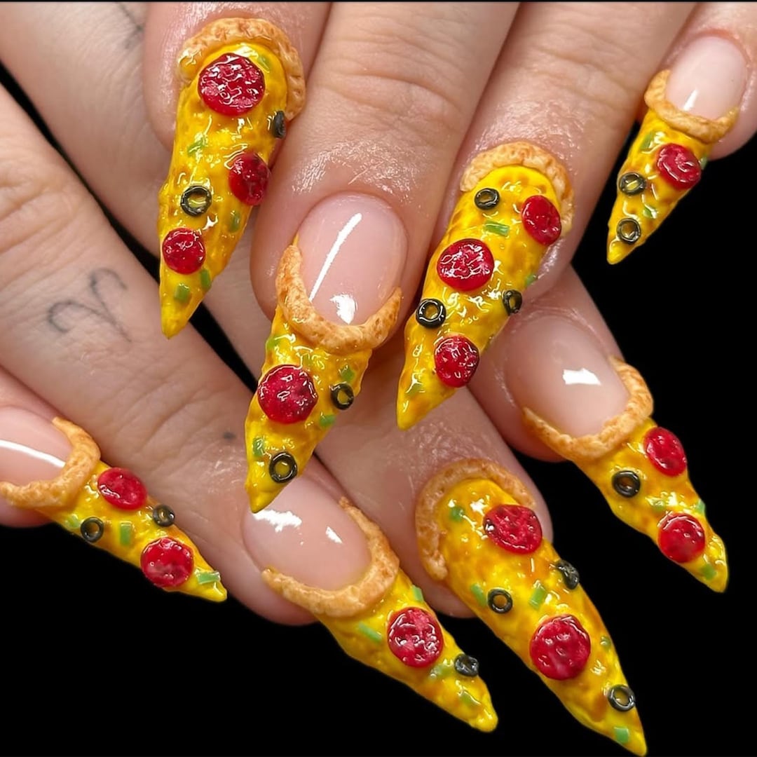 Quirky Pizza Press on Nails | 3D Pizza Slice Fake Nails | Realistic 3D ...