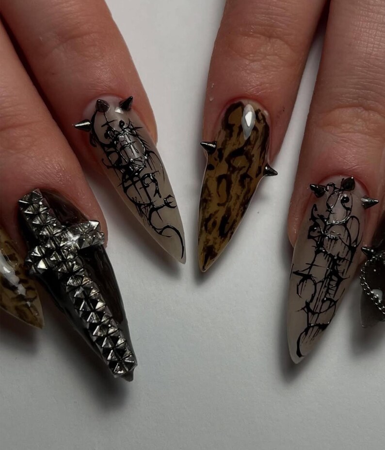 Gothic Leopard Long Almond Nails | Spiked Punk Cross Nail Set | Black ...