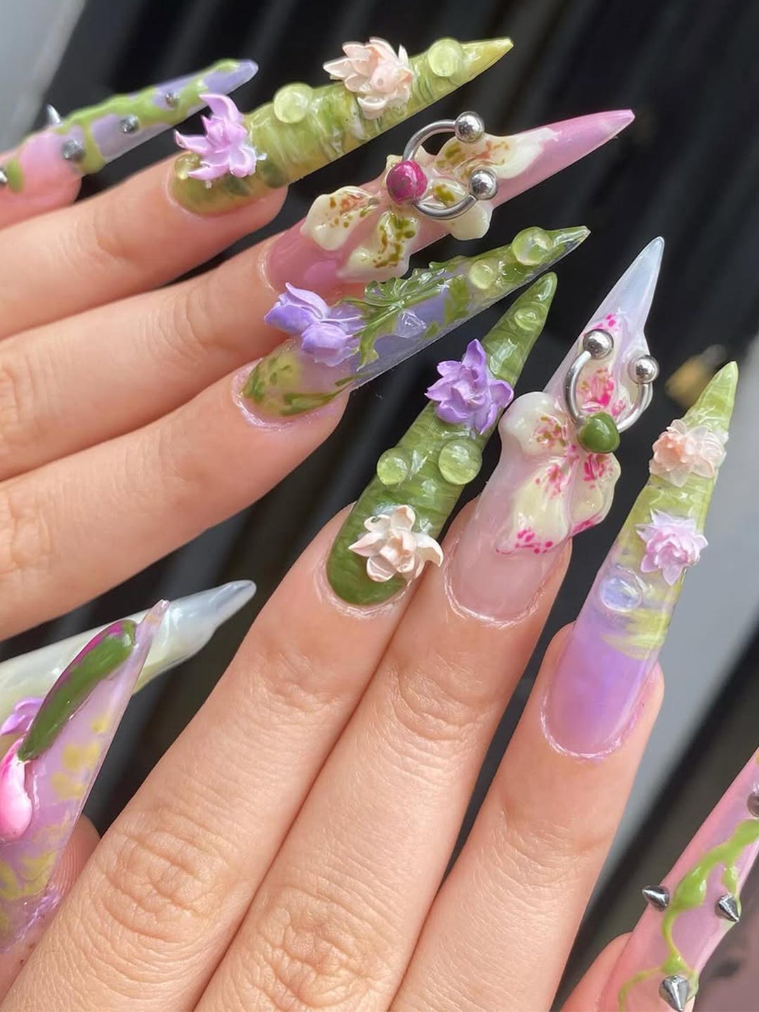 3D Floral Garden Press on Nails | Artistic Nature-themed Fake Nails ...
