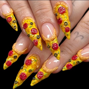 Quirky Pizza Press on Nails | 3D Pizza Slice Fake Nails | Realistic 3D ...
