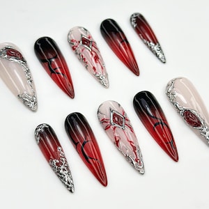 Sylus Inspired Press on Nails | Vampire Romance Claws | Red Vein Gothic ...
