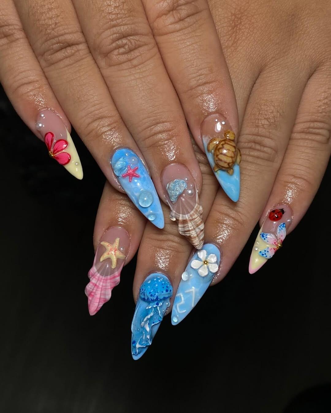 Tropical Beach Press on Nails |3D Sea Turtle & Shell Nail Art |coastal ...