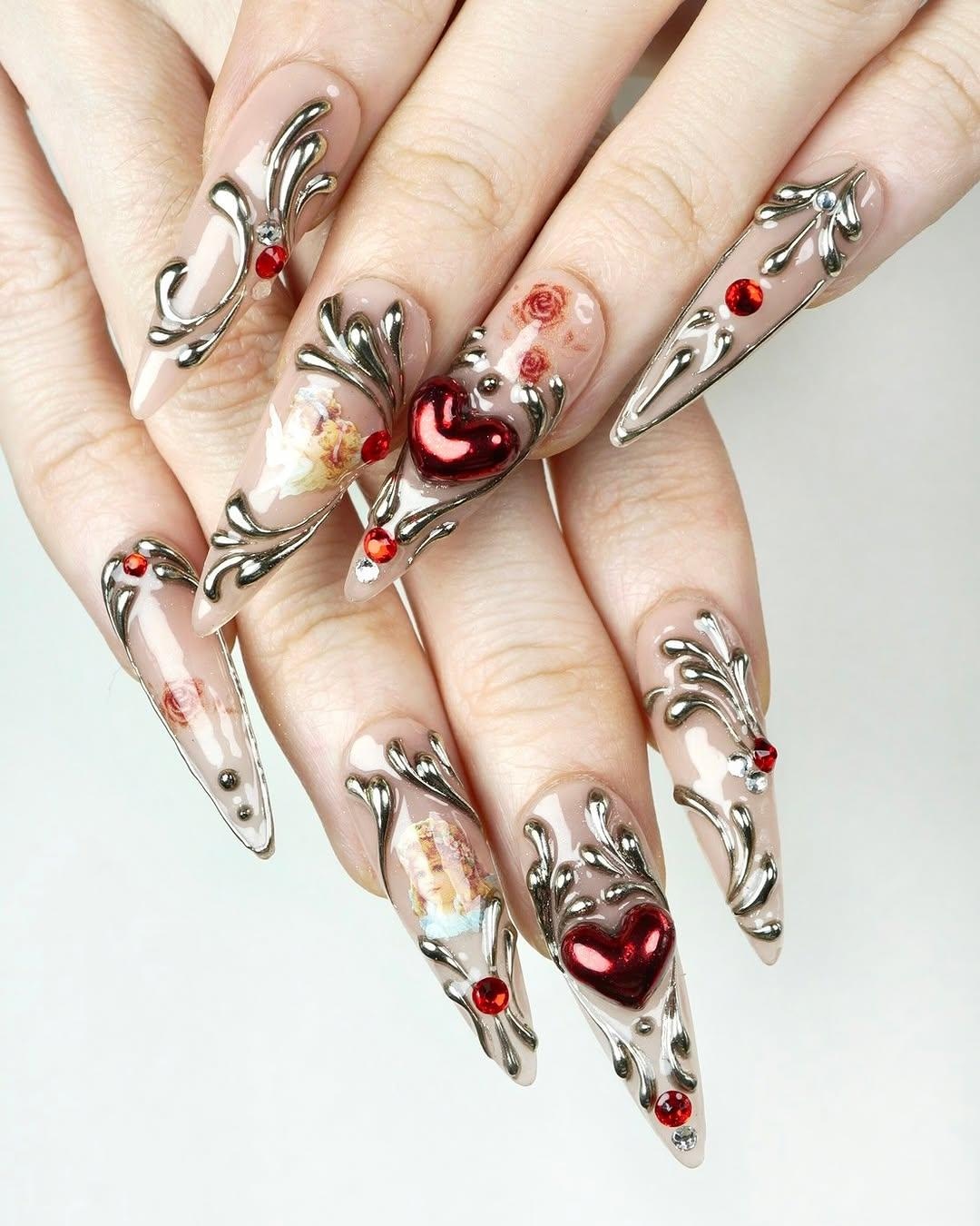 Luxury Baroque Red Heart Press on Nails | Baroque-inspired Fake Nails ...