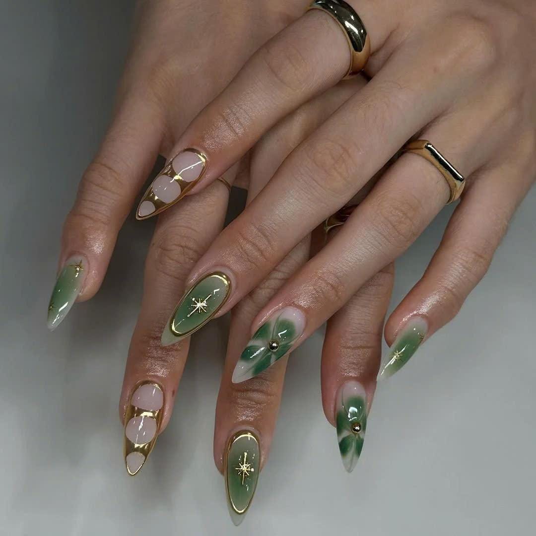 Green Gold Glam Press on Nails | Gilded Green Manicure Nail Art | Luxe ...