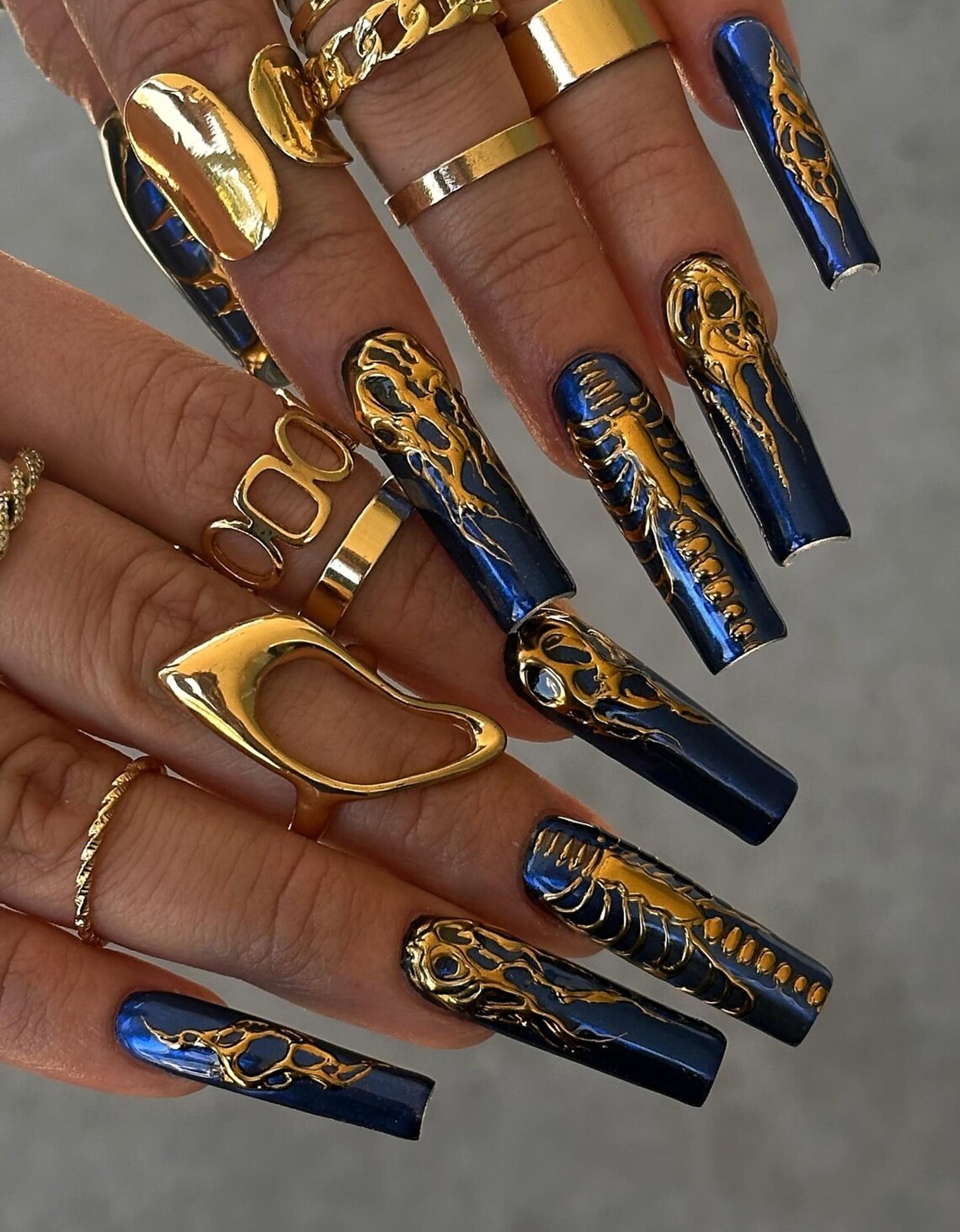 Blue Bones Press on Nails | Gothic Metallic Skeleton Nails | Deep Blue ...
