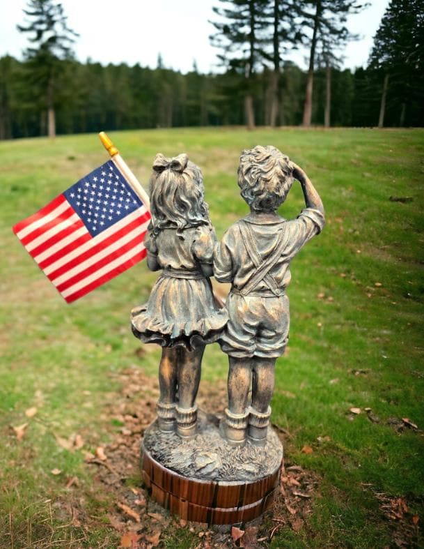 14" Patriotic Flag Children Statue – Antique Stone Garden Decor ...