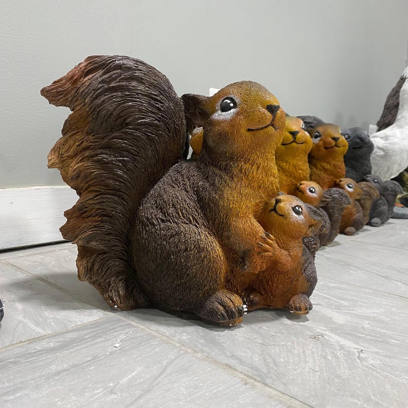 Large 14" Stone Squirrel Family, Weatherproof Outdoor Statues, Yard ...