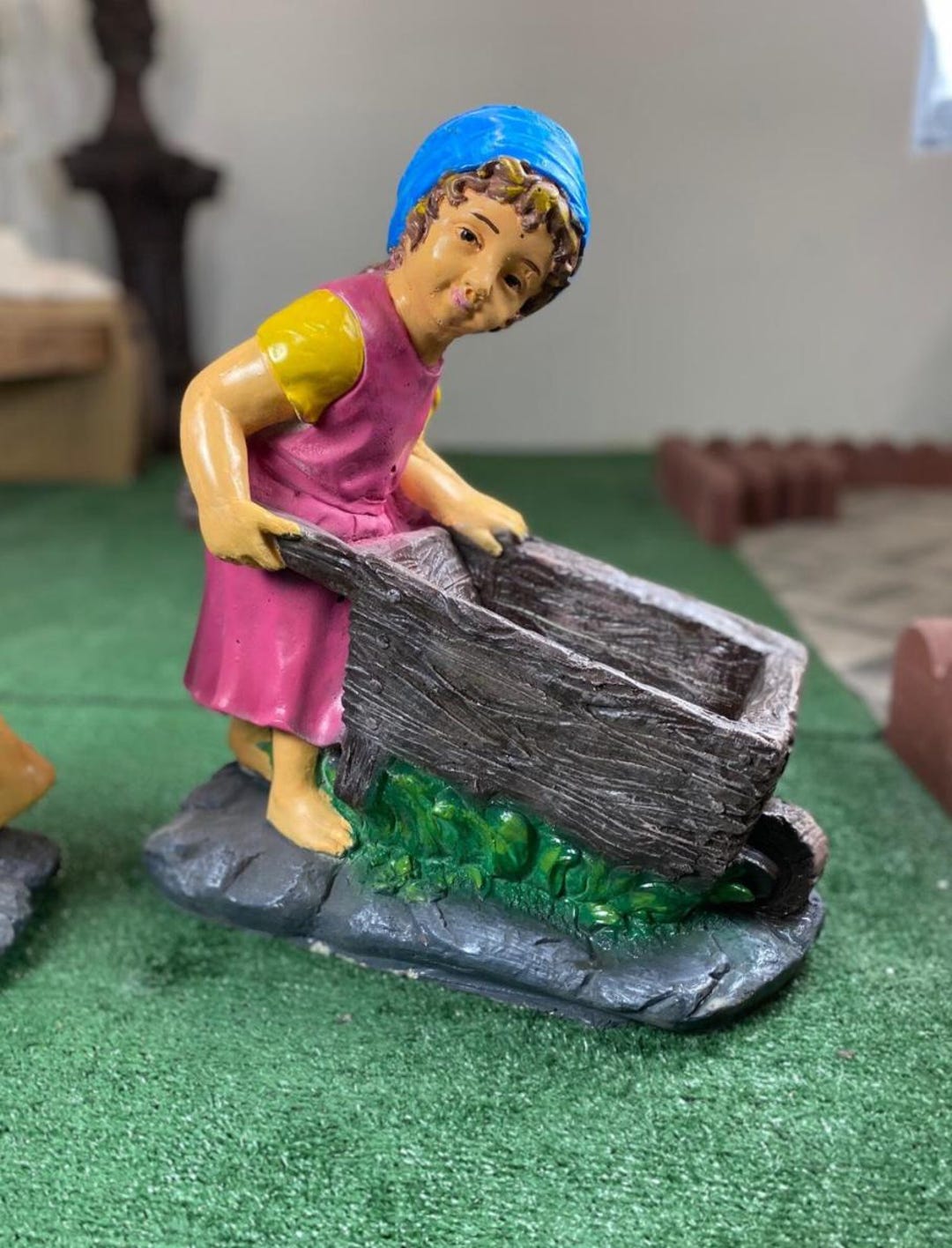 20″ Solid Concrete Girl Pushing Wheelbarrow of Flowers Statue ...