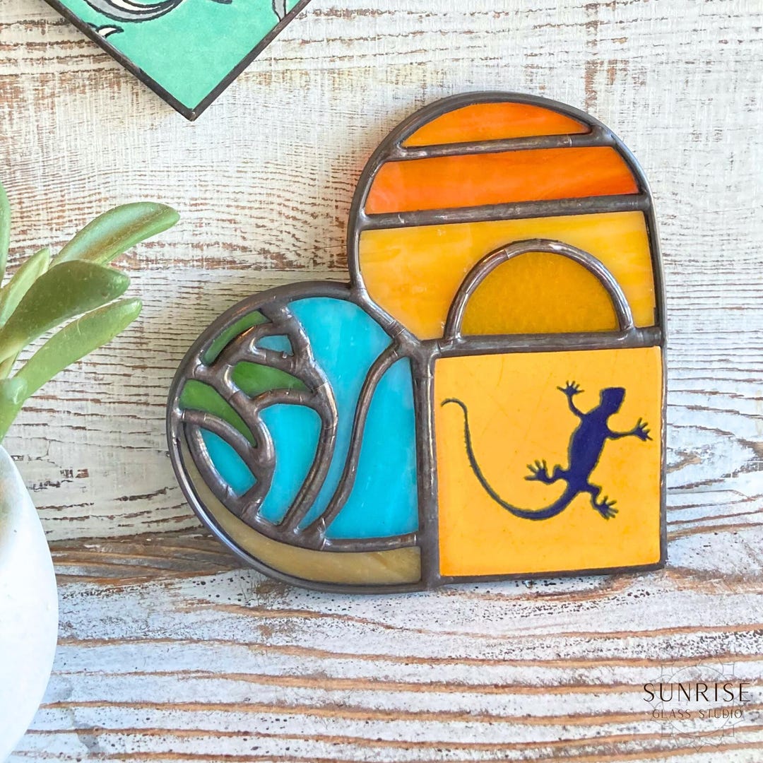 Sunset Beach Scene | Stained Glass Heart | Gecko in the Sand | Hand ...