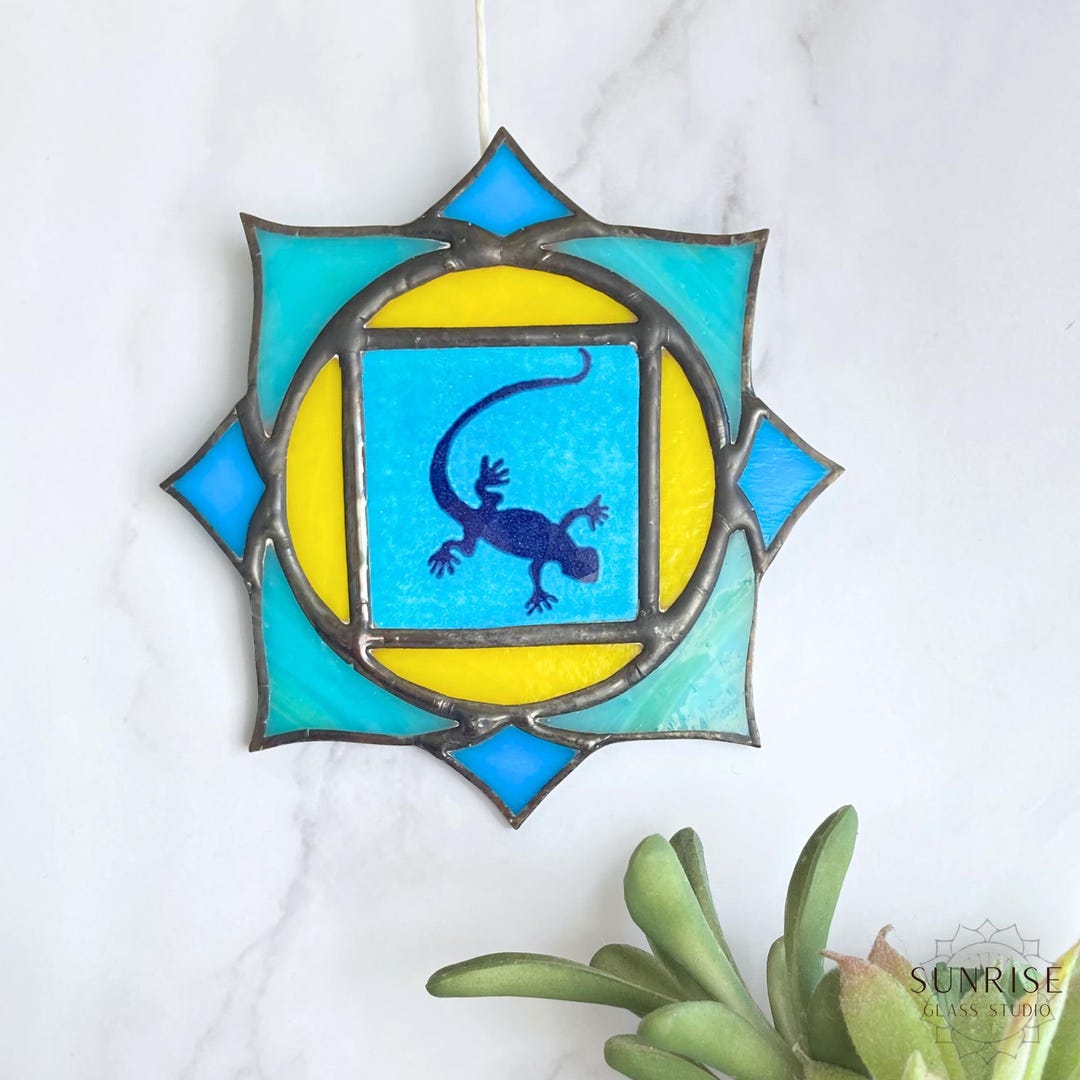 Stained Glass Blue Gecko Wall Hanging Hand Painted Mexican Tile Art ...