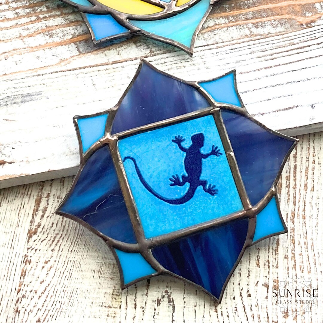Stained Glass Blue Gecko Wall Art Hand Painted Mexican Tile Lotus ...