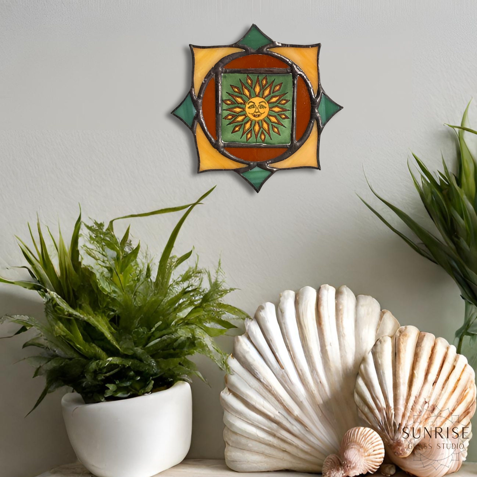 Stained Glass Hand Painted Mexican Sun Face Tile Lotus Mandala Wall ...