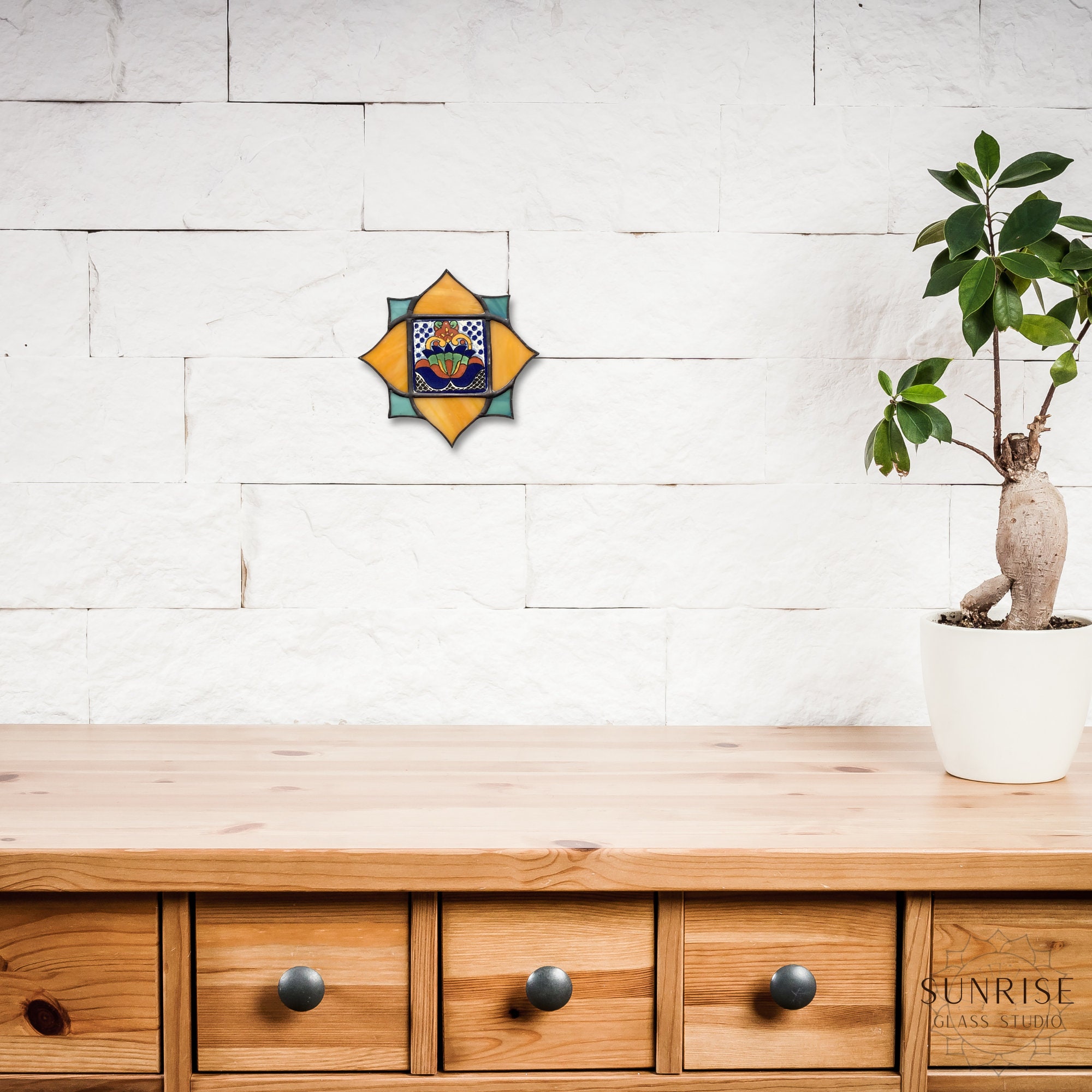 Stained Glass Hand Painted Mexican Sun Face Tile Lotus Mandala Wall ...