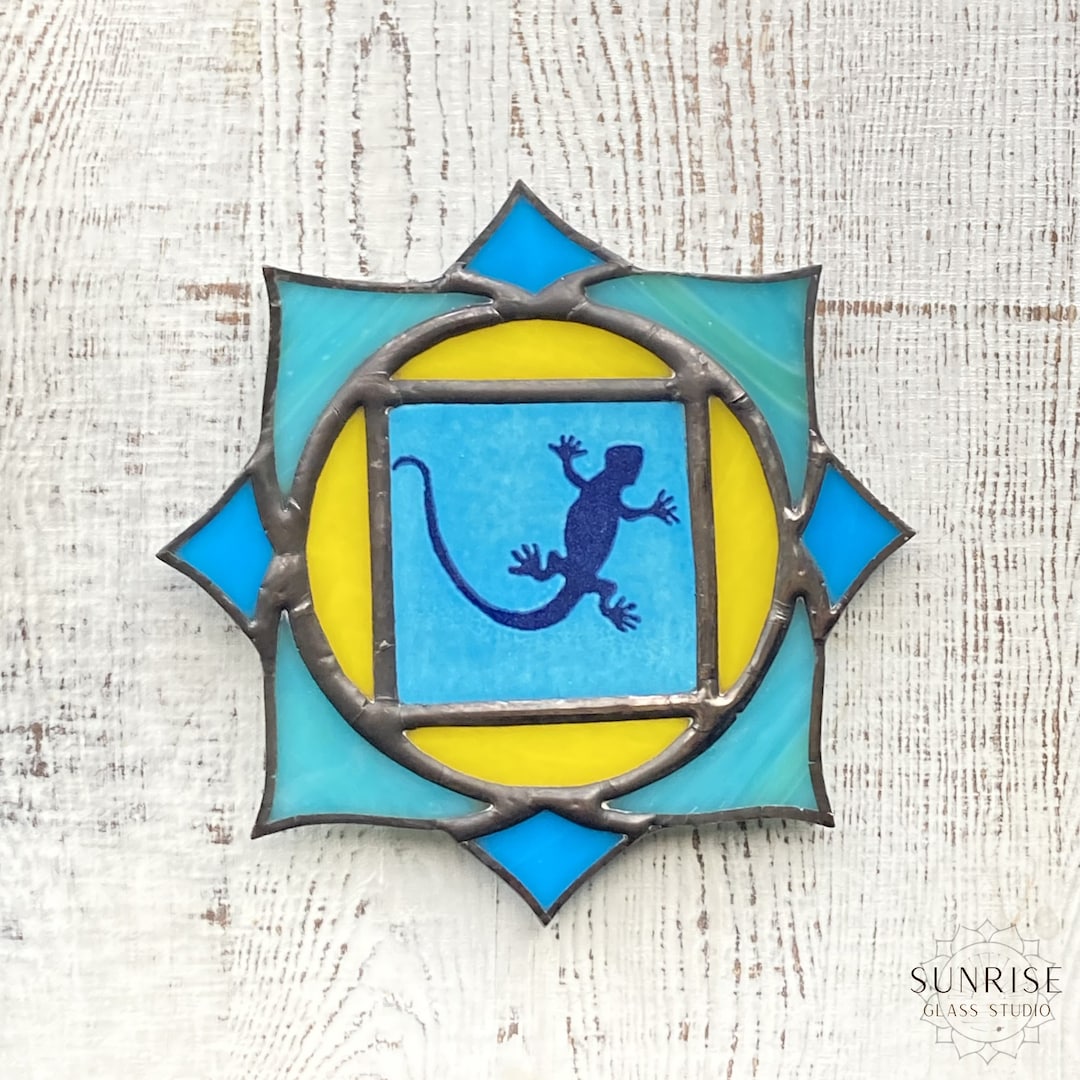 Stained Glass Hand Painted Blue Gecko Mexican Tile Lotus Mandala Garden ...