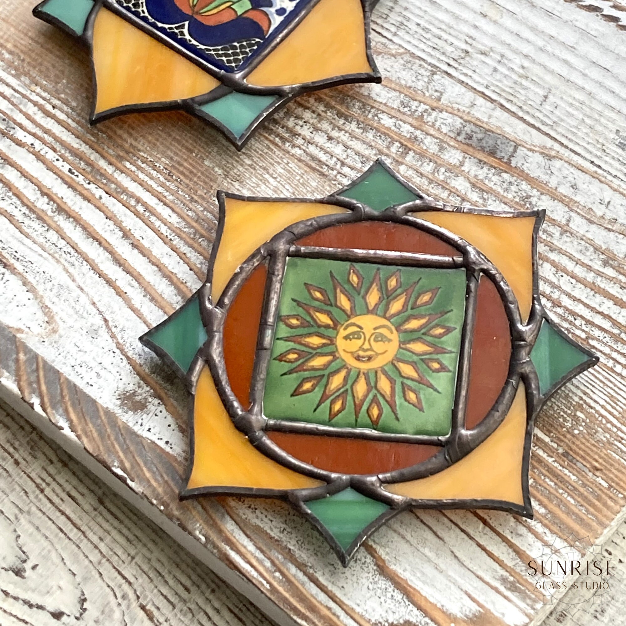 Stained Glass Hand Painted Mexican Sun Face Tile Lotus Mandala Wall ...